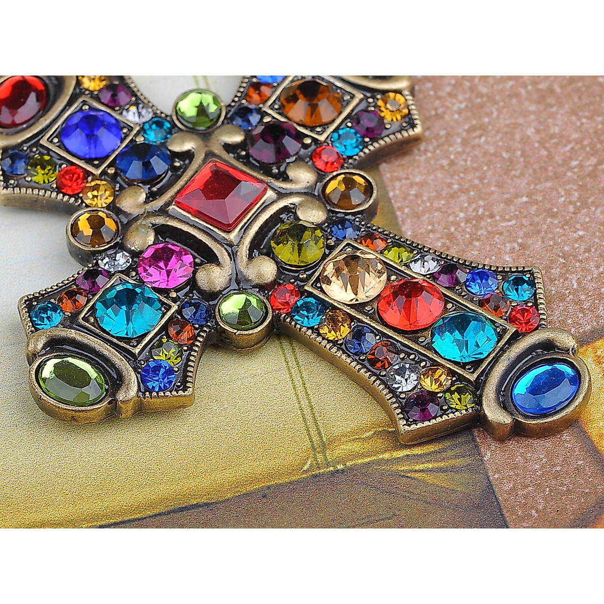 Alilang Ornate Antique Golden Tone Colorful Rhinestone Cross Pendant Necklace, Multicolored