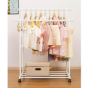 Cozivolife Kids Clothing Rack Bamboo with 2 Hanging Rods and 4 Hooks, Kids Dress Up Rack on Wheels, Small Child Garment Rack for Playroom,Toddlers Bedroom (White)