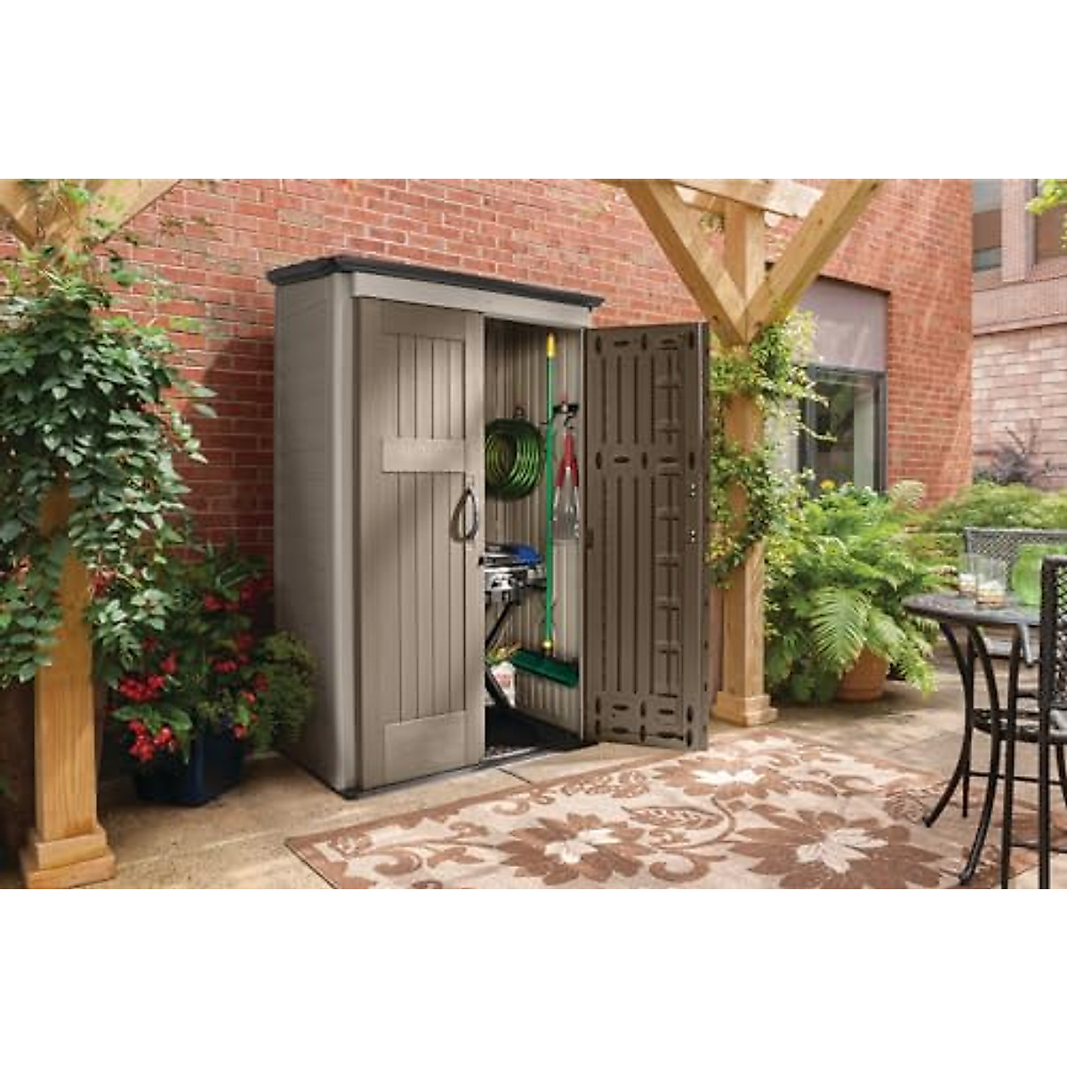 Rubbermaid Vertical Resin Outdoor Storage Shed, With Floor (4 x 2.5 Ft), Weather Resistant, Brown, Organization for Home/Backyard/Garden Tools/Porch/Patio Cushions/Pool Chemicals/Toys