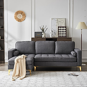 Karl home L-Shape Sectional Sofa Linen Fabric Sofa Couch Living Room Futon Couch with Reversible Chaise, Lattice Decored Seat Cushion, Dark Gray