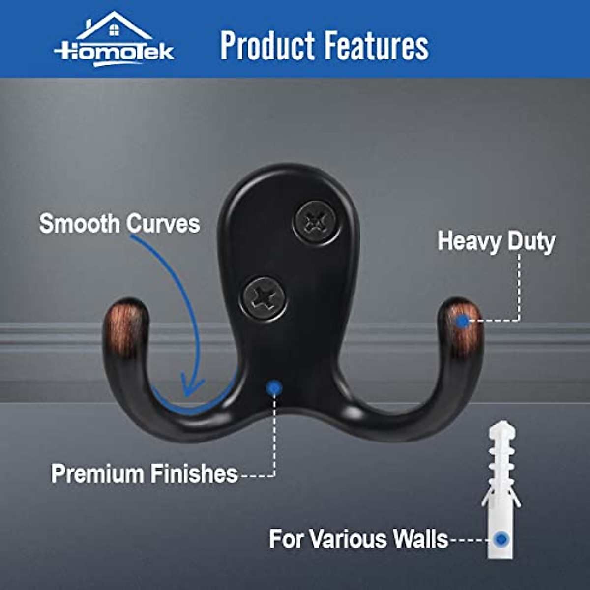 HOMOTEK 4 Pack Heavy Duty Coat Hooks Wall Mounted Double Prong(Left and Right) Rustproof Coat Hooks Hardware Retro Dual Robe Hanger for Coat,Towel, Scarf, Hat, Bag, Key, Shoes, Oil Rubbed Bronze