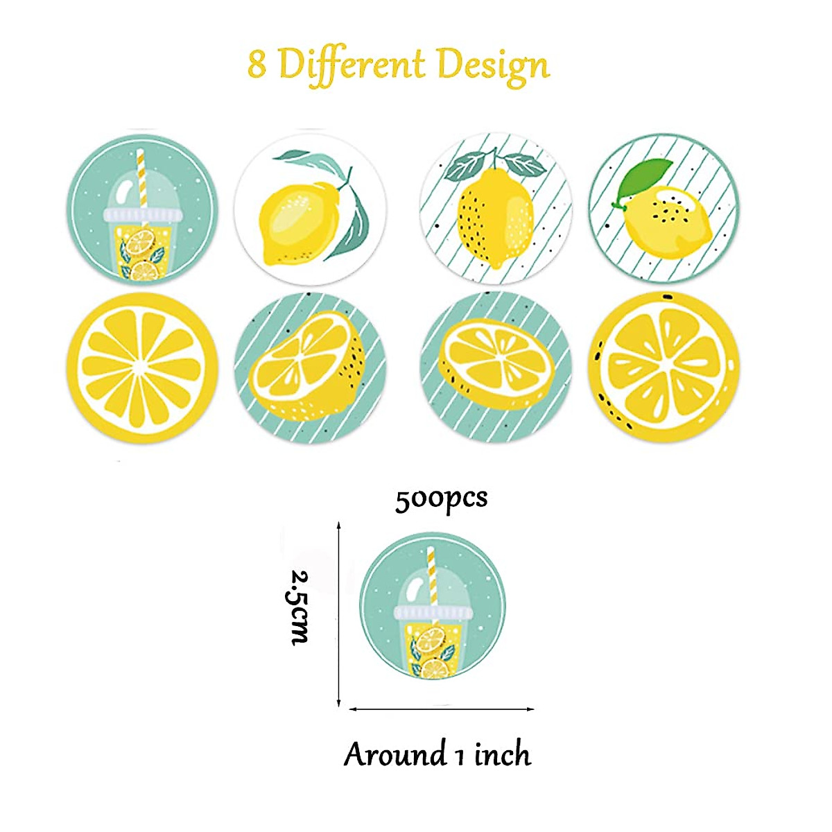 500pcs 1 Inch Lemon Stickers Roll for Envelope Seals 8 Different Design Sticker for Business Card Candy Cookie Bag Gift Party Favours Decorations