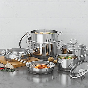 SUNHOUSE - Stainless Steel Cookware Set with PFOA-free, 18/10 Stainless Steel Pots and Pans Set - Tasty Cookware Set Including Saucepan, 2 Stock Pots, Steamer and 2 Frying Pans (9-Pieces Cookware Set)