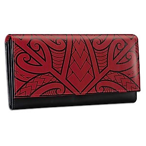 Polynesian Tattoo Leather Women’s Clutch Wallet “Ikaika” Tattoo art by Eugene Taase (Red) from NAKOA