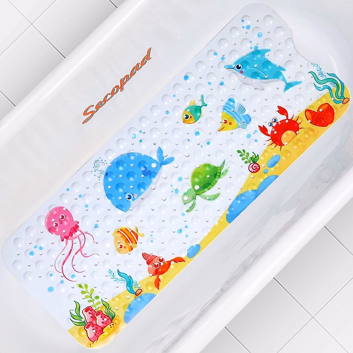 Baby Bath Mat for Tub for Kids, 40in x 16in Non Slip Cartoon Bath Tub Shower Mat Anti Slip with Drain Holes and Suction Cups Machine Washable, Little Whale