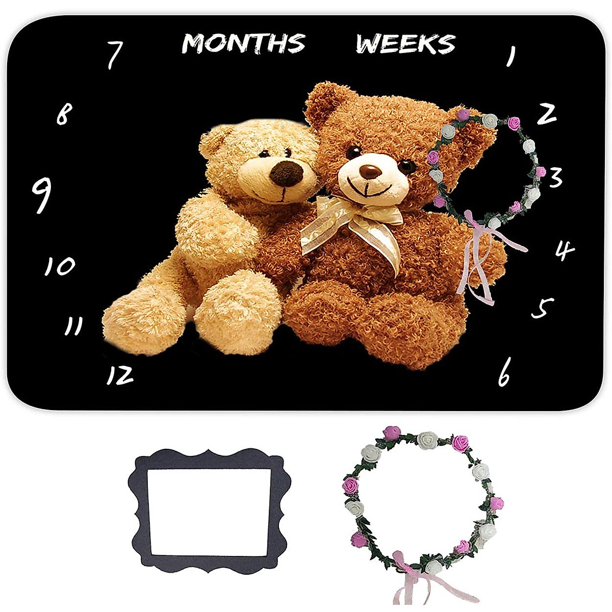 EARVO Cute Bear Baby Monthly Milestone Blanket Boy or Girl Baby Month Blanket Black Background Milestone Blanket for Newborn to 12 Months Milestones 47”x40”BTXYEA51