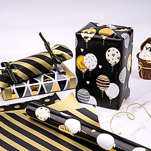 WRAPAHOLIC Reversible Birthday Wrapping Paper Roll - Mini Roll - 3 Rolls - 17 Inch X 120 Inch Per Roll - Happy Birthday Lettering and Balloon for Kid's Birthday, Party, Baby Shower