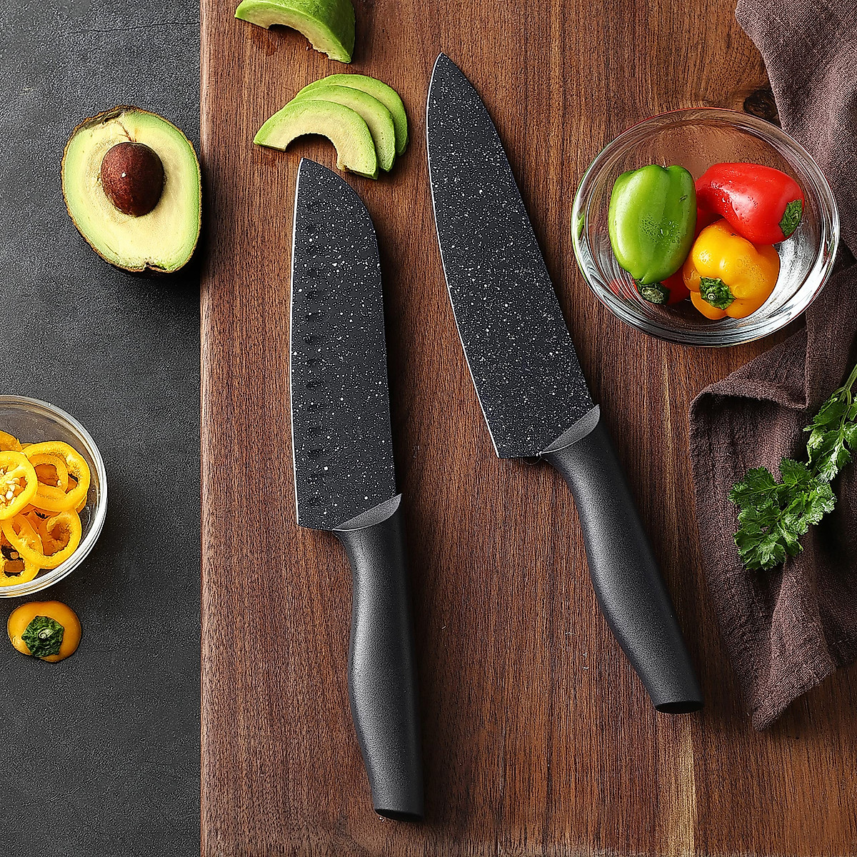 Marco Almond Kitchen Knife Set, KYA39 12-Piece Chef Knife Sets, 6 Knives with 6 Blade Guards, Stainless Steel Knives Set for Kitchen with Covers, Black