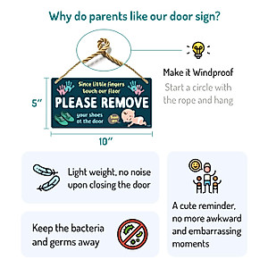 Fun-Plus Please Take Your Shoes Off - Remove Your Shoes Sign - 10″x5″ PVC Plastic Hanging Sign- Since Little Fingers Touch Our Floor