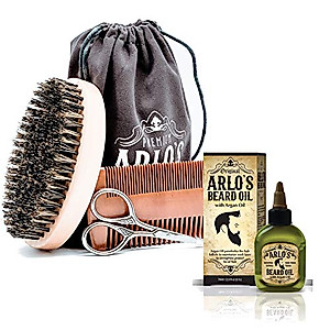 Arlo's 5-PC Mens Premium Beard Grooming Kit w/ Argan Beard Oil 2.5oz -Beard Oil, Beard Brush, Beard Comb, Beard Scissors & Carry Bag