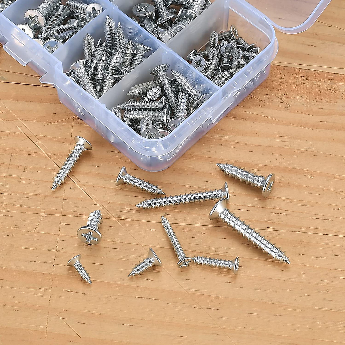 wugongshan 250G Self Tapping Screws Assortment Fasteners Set, M3/M4/M5 Sheet Metal Screws Fasteners Kit, Round Drive Flat Countersunk Head Wood Screws for Woodworking - 10 Sizes