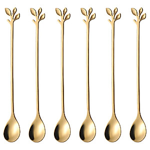 AnSaw 6.5" Elegant Leaf-Design Gold Coffee & Tea Spoons Set of 6- Long Handle Stainless Steel Stirring Spoons for Espresso, Iced Tea - Ideal Coffee Bar Accessories