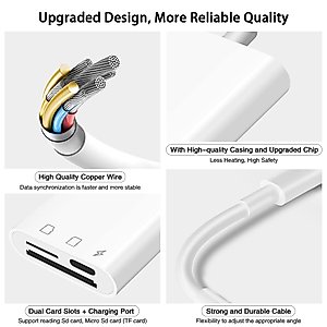 SD Card Reader for iPhone iPad,Micro SD Card Reader Memory Card Reader Plug and Play Trail Camera SD Card Adapter,Simultaneous Charging and Reading