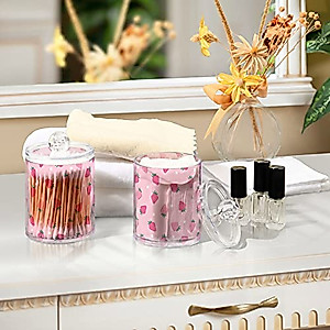 Kigai Cotton Swabs Organizer Pink Strawberry Qtip Holder Dispenser with Lid Apothecary Jar Set 2PCS Reusable Clear Plastic Cans for Dry Food