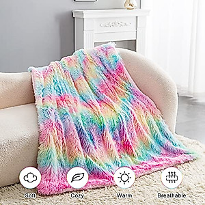 BOBOR Faux Fur Throw Blanket, Tie Dye Rainbow Sherpa Fleece Fluffy Blanket for Girls, Super Soft Fuzzy Plush Cozy Lightweight Decorative Blankets for Couch Sofa Bed (Rainbow, 59"x79")