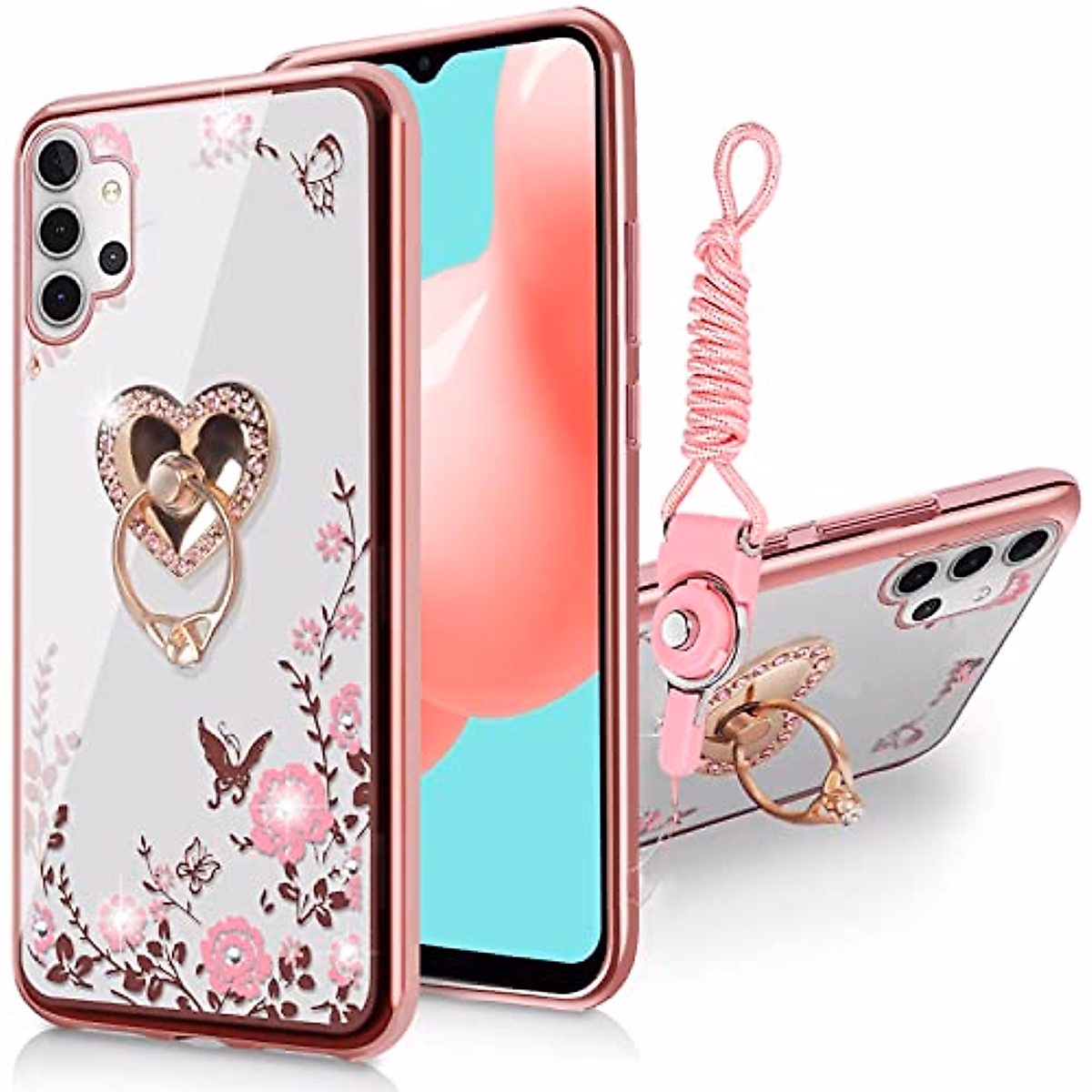 for Samsung Galaxy A32 5G Phone Case, Glitter Crystal Butterfly Heart Floral Slim TPU Luxury Bling Diamond Rhinestone Cute for Girls Women Case with Ring Stand+Strap for Galaxy A32 5G-Rose Gold