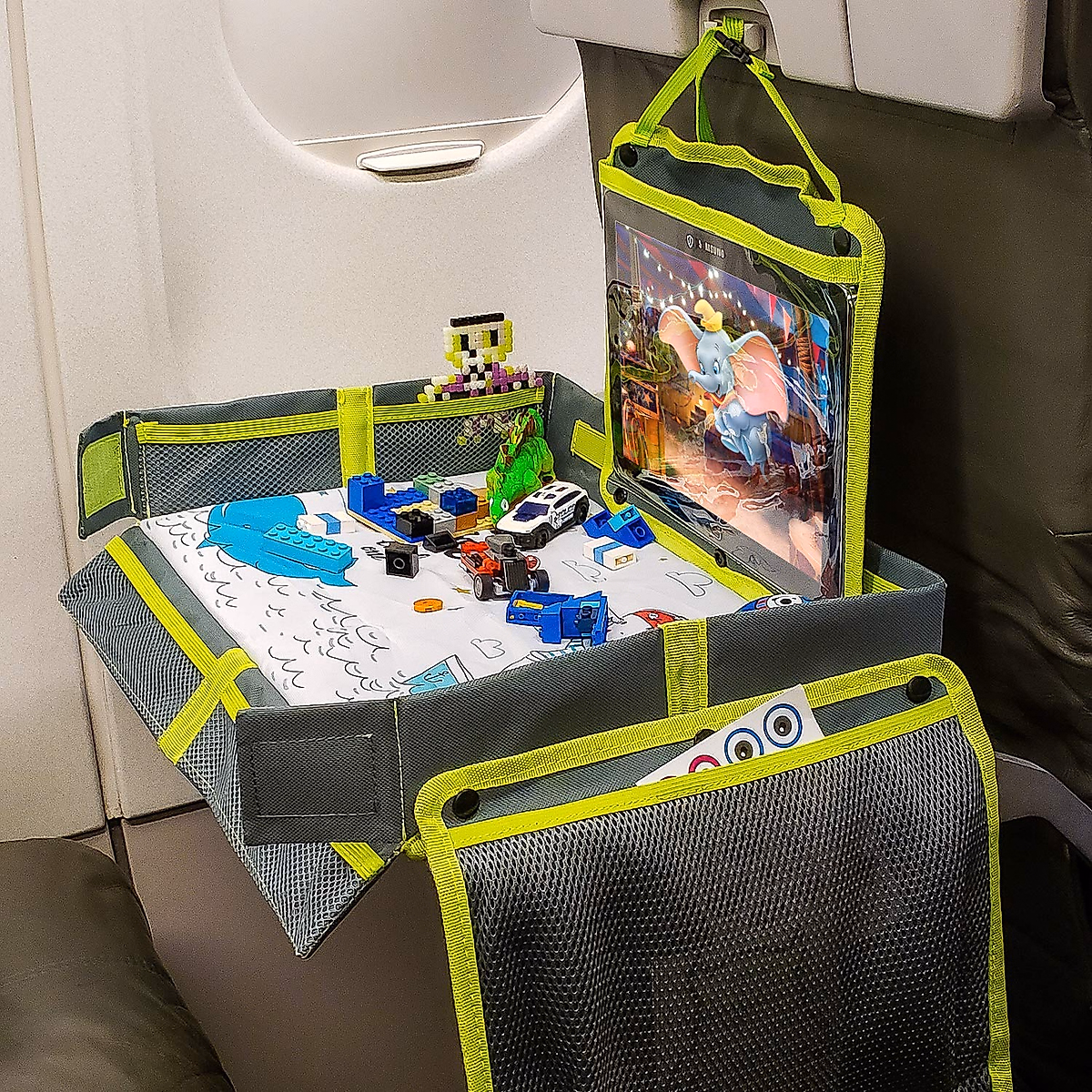 Jumbo Ears Origami Kids Travel Tray Placemat Cover -Gray- Foldable and Easy to Setup with Bonus Portable Multipurpose Side Pockets Organizer for Tablets and Phones Activities or Snacks for Toddler