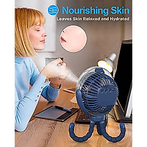 Portable Misting Fan, 6000mAh Stroller Fan with Light & 360° Pivoting Battery Operated Fan, USB Rechargeable Personal Mist Fan with Flexible Tripod for Baby, Office, Travel,Crib,Treadmill,Outdoors
