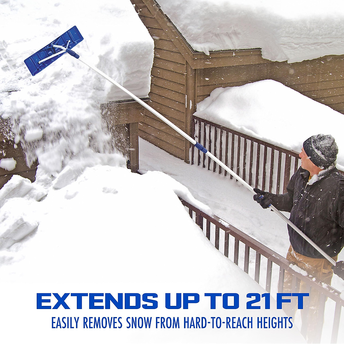 Snow Joe RJ204M 21' Twist-n-Lock Telescoping Snow Shovel Roof Rake with 6" by 25" Poly Blade, 25 inches, Blue