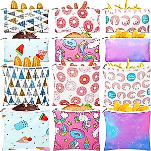 12 Pcs Reusable Snack Bags with Zipper Cute Sandwich Bags for Kids Safety Washable Reusable Pouches Double Layer Leakproof Food Storage Pouch, 2 Sizes