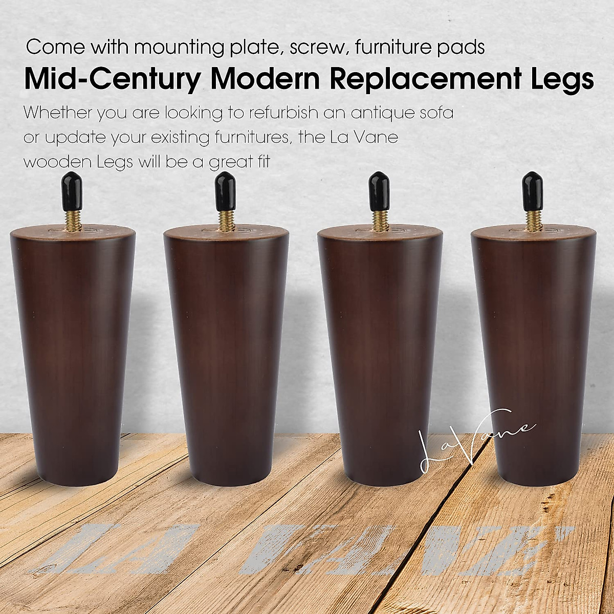 La Vane 6 inch / 15cm Wooden Furniture Legs, Set of 4 Walnut Solid Wood Tapered M8 Furniture Replacement Feet with Pre-Drilled 5/16 Inch Bolt & Mounting Plate & Screws for Sofa Chair Couch Ottoman