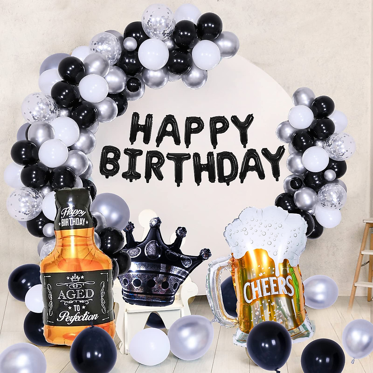 Black and White Birthday Decorations for Men Women Boys Girls 94pcs Black Silver Balloons Arch Garland Kit Party Decorations for Him Her with Happy Birthday Banner Fringe Curtain Whiskey Bottle