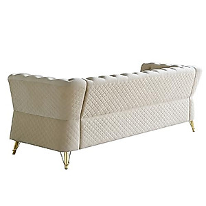 Tmsan 87.4" Velvet Sofa Couch, Mid-Century Modern Chesterfield Loveseat Classic Button Tufted 2 Seater Couch with Golden Legs for Living Room Office Bedroom (Beige)