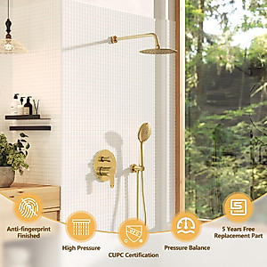 Gabrylly Shower System, Gold Shower Faucet Set with Pressure Balance Shower Valve, 12 Inch Gold Shower Heads with handheld Spray Combo, Wall Mounted Shower Fixtures, Brushed Gold