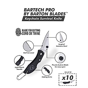 Keychain Knife - Surgical Stainless Steel Half-Serrated 1 7/8" Blade for Cutting Cord or Twine - Light Plastic Handle - 2 1/2" Folded, 4 1/4" Open - Set of 10