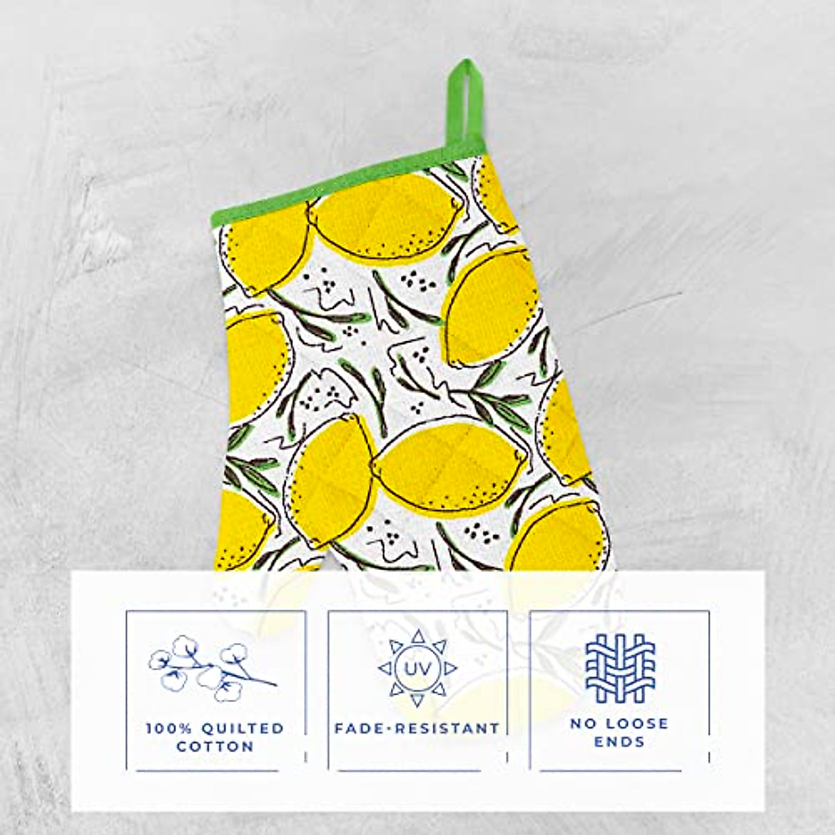 Kotton Culture Oven Mitt Set of 2 Cooking Microwave Hand Gloves 100% Quilted Cotton Extra Long and Heat Resistant Machine Washable Flexible (Lemon, 8 x 13 Inches)