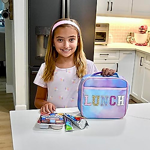 FROG SAC Kids Lunch Bag for Girls, Reusable Insulated Preppy Tie Dye Glitter Varsity Letter Patch Lunch Box, Cute Soft Back to School Tween Lunchbox