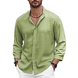 COOFANDY Linen Shirts Casual Men Lightweight Beach Shirts Long Sleeve Summer Button Up Shirt Green