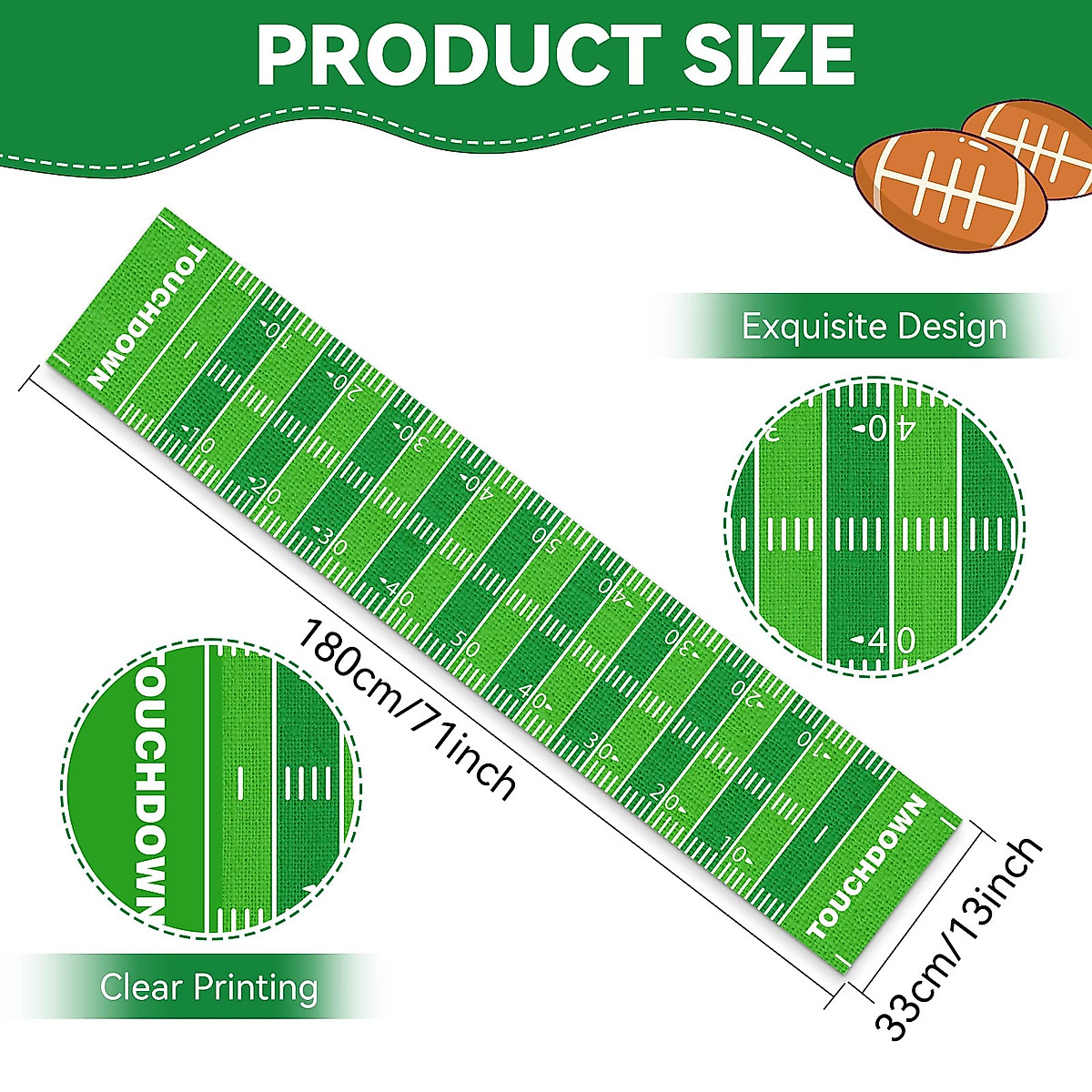 2PCS Football Kitchen Table Runner Decor Football Tablecloth Grass Court Table Runner Touch Down Boy Sport Football Birthday Theme Party Table Cover Direction for Dining Indoor Outdoor Home，14" x 71"