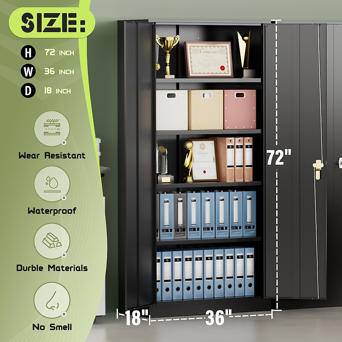 Betterland 72” Metal Storage Cabinet, Lockable File Cabinet with 2 Doors and 4 Adjustabble Shelves,Garage Storage Cabinets for Office, Warehouse, Home, (Black