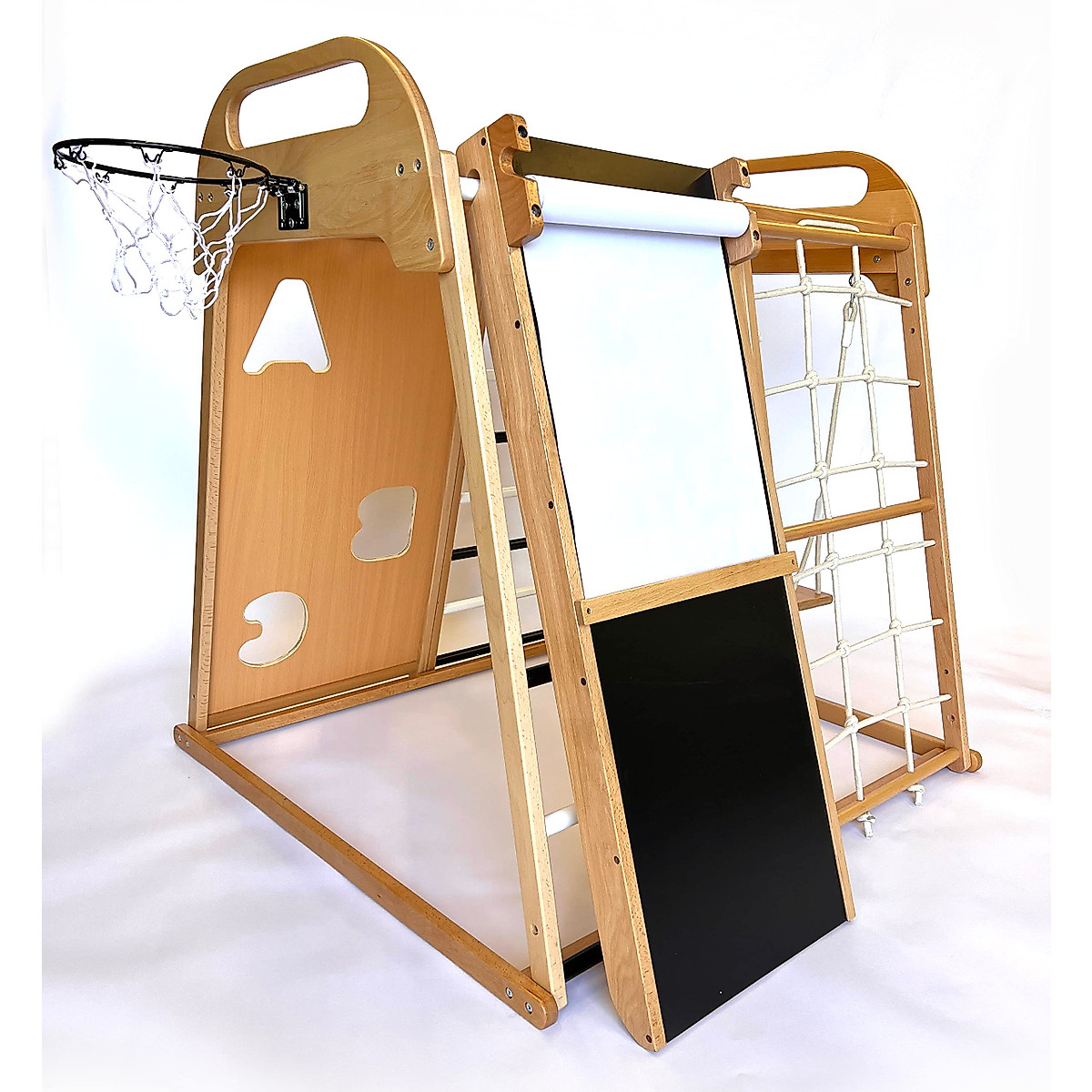 Hopscotch Squad Activity Indoor Kids Playground Jungle Climbing Gym, Toddlers Wooden 9-in-1 Play Set Climber