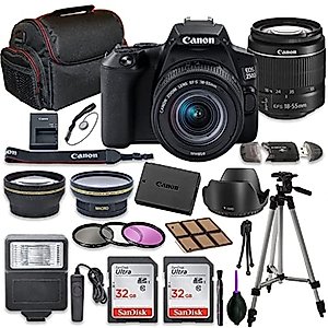 Canon EOS 250D (Rebel SL3) DSLR Camera Bundle with Canon EF-S 18-55mm Zoom Lens + 2pc SanDisk 32GB Memory Cards + Accessory Kit with Case, Flash, Filters and More (Renewed)