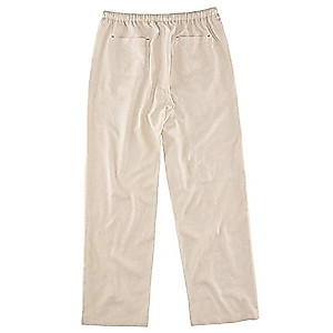 Lisskolo Men's Linen Pants Loose Lightweight Drawstring Elastic Waist Cotton Beach Trousers Khaki Medium