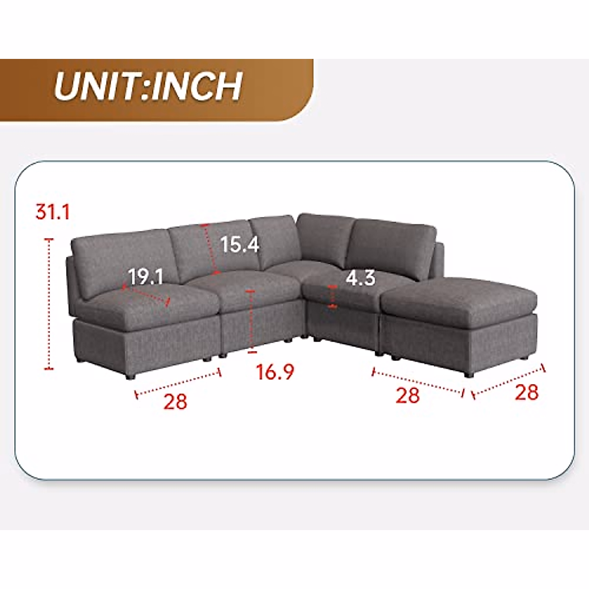 FDW L Shaped Couch Convertible 4-Seat Sofa with Ottoman for Living Room Bedroom Office, Dark Gray