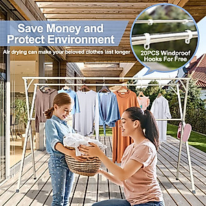 MRCTVG Upgrade 94.5 Inches Clothes Drying Racks, Premium Stainless Steel Adjustable and Foldable Standing Laundry Drying Rack for Indoor Outdoor, with 20 Windproof Hooks