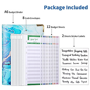 Budget Binder, A6 Marble PU Leather Binder, Money Saving Organizer/ Planner with 8 Zipper Cash Envelopes, 12 Expense Budget Sheets & 2 Letter Label Sticker for Budgeting