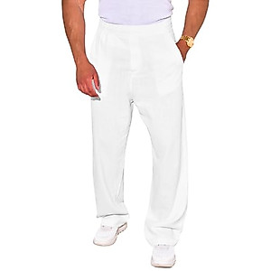 PASLTER Mens Linen Cotton Pants Casual Loose Fit Straight-Leg Lightweight Elastic Waist Beach Yoga Lounge Trousers for Men White