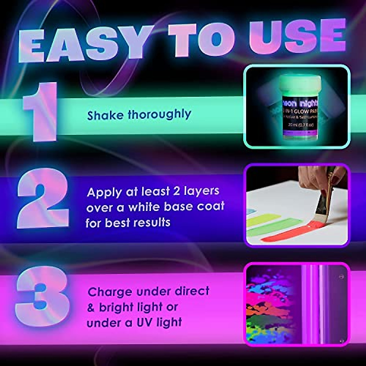 neon nights 2-IN-1 Glow In The Dark Acrylic Paint Set Glows in the Dark & under UV Blacklight - Set of 8 Self-Luminous Neon Paints for Halloween - German Premium Quality - 8 x 20 ml /