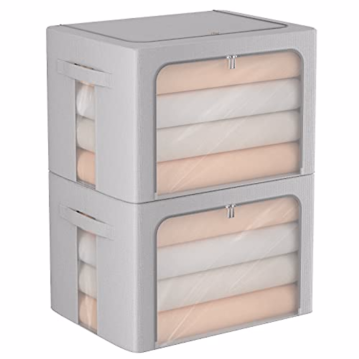 2 Pack Clothes Storage Bins - Foldable Metal Frame Storage Box - Stackable Linen Fabric Organizer Set with Carrying Handles