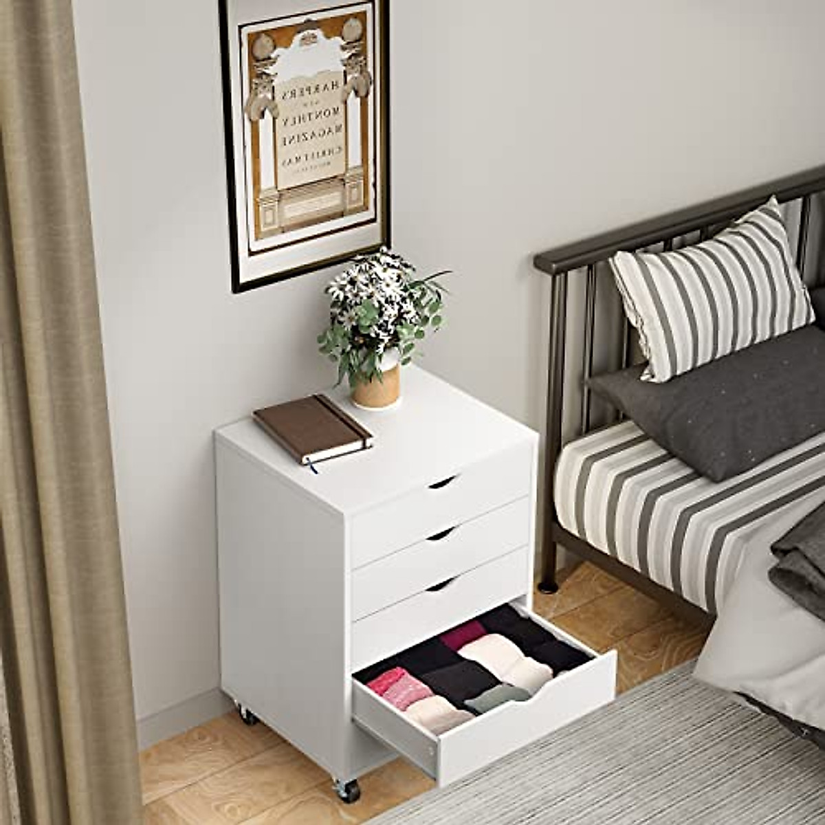 YITAHOME 5-Drawer Chest, Wood Storage Dresser Cabinet with Wheels, Dressers & Chests of Drawers, Mobile Storage Closet Organizer for Home, Office, Bedroom White