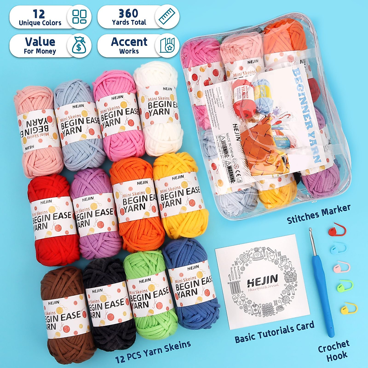 12PACK Yarn for Crocheting and Knitting - 360 Yards of Cotton Yarn for Crocheting and Knitting Mini Project; Worsted-Weight Medium #4; Cotton-Nylon Blend Yarn for Beginners Crochet Kit Making