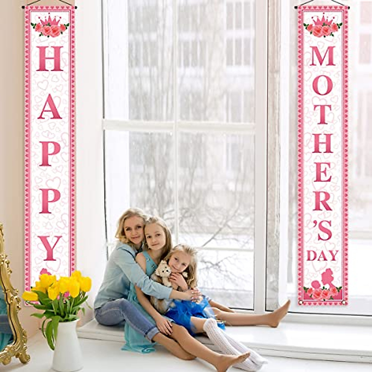 Vohado Happy Mother's Day Porch Banner Mothers Day Welcome Porch Sign Pink Heart Wall Hanging Banner Spring Gathering Party Porch Sign Front Door Holiday Party Decor