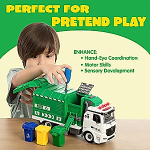 JOYIN Recycling Garbage Truck Toy, Kids DIY Assembly Friction Powered Side-Dump Garbage Toy with Light and Sounds, 3 Trash Cans, 3 Replaceable Screwdrivers, Boys & Girls Gifts