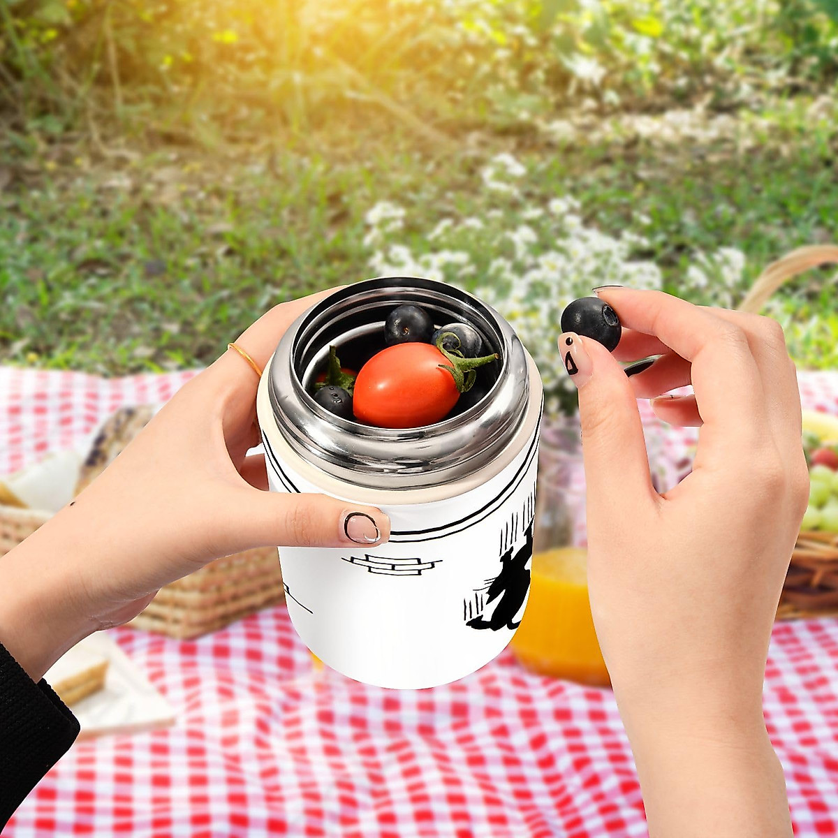 CUPADA Black Cat Scratch Mouse Food Jar, Wall Funny Insulated Hot Food Jars Vacuum 17OZ with Folding Spoon for Work Trip Picnic Camping