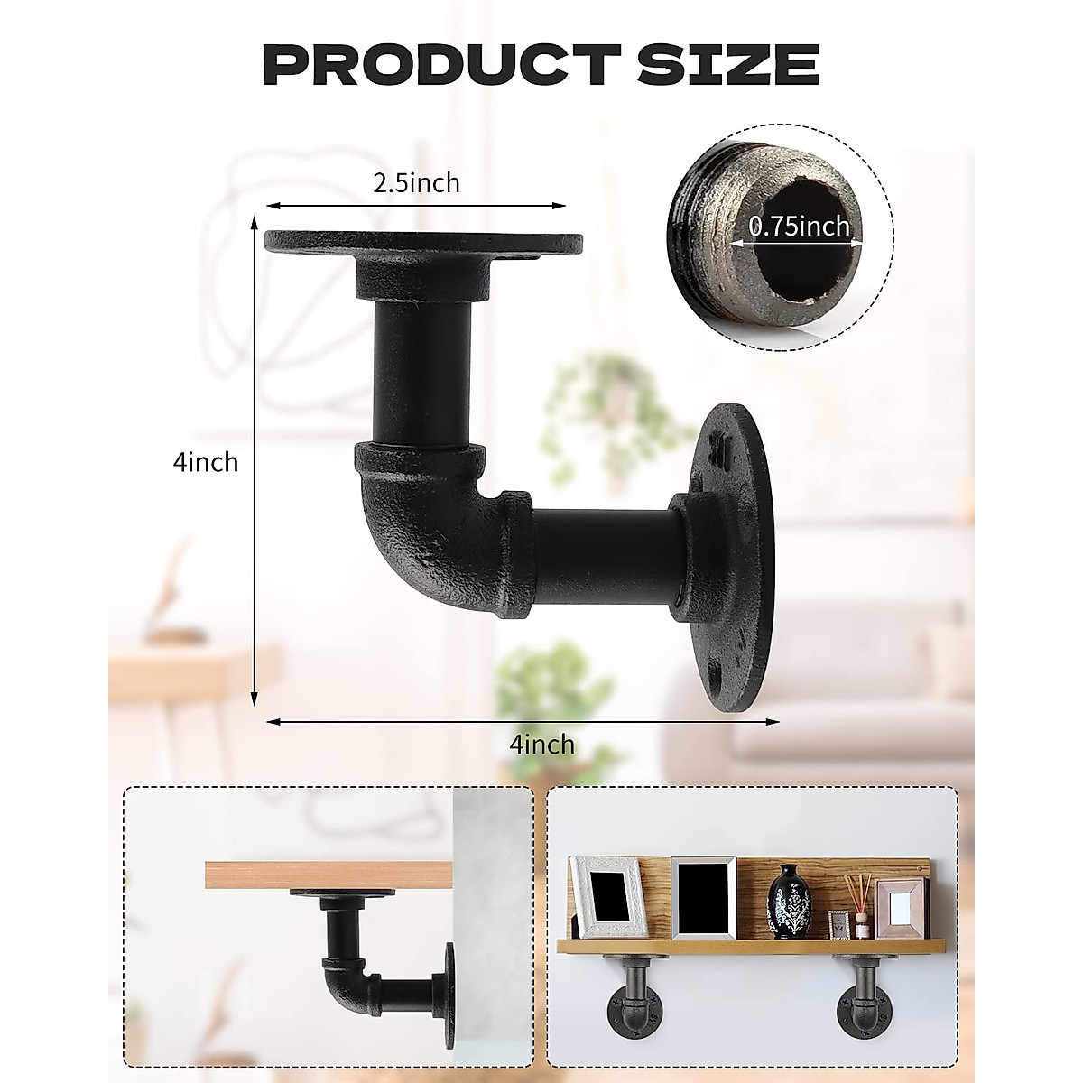 MUZIK Shelf Bracket, 12 Pack Heavy Duty Floating Shelf Brackets, Industrial Pipe Wall Mount Metal Shelving Brackets for Shelves, Vintage Black Iron Finish DIY Pipe Shelf (4*4 Inch)