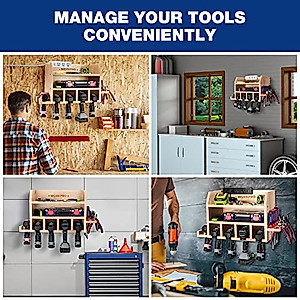 WORKPRO Power Tool Organizer, Cordless Drill Holder Storage Wall Mount with 5 Drill Hanging Slots, Screwdriver Rack, Solid Wooden Tool Storage for Garage, Workshop, Warehouse